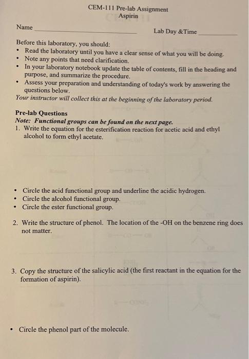 Solved CEM-111 Pre-lab Assignment Aspirin Name Lab Day | Chegg.com