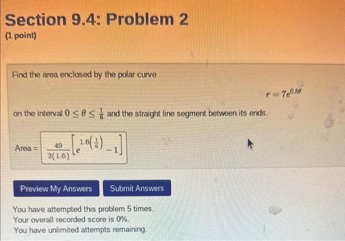 Solved Section 9.4: Problem 2 (1 point) Find the area | Chegg.com