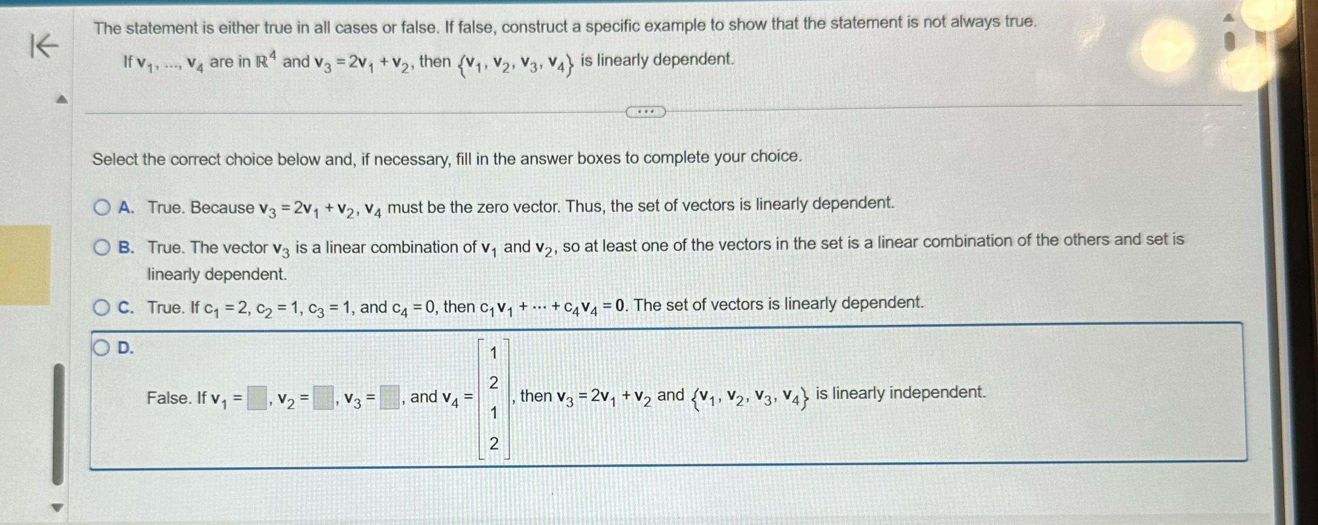 Solved The statement is either true in all cases or false. | Chegg.com