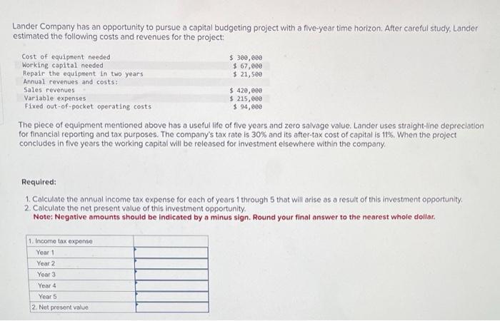 Solved Lander Company has an opportunity to pursue a capital | Chegg.com