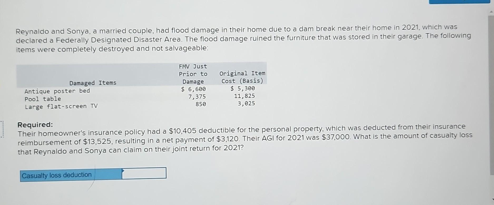 Solved Reynaldo and Sonya, a married couple, had flood | Chegg.com