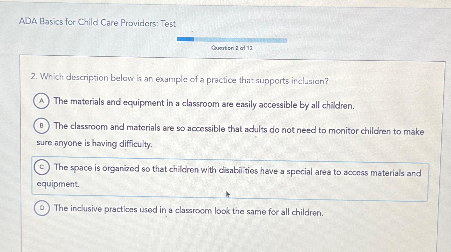 Solved ADA Basics for Child Care Providers: TestQuestion 2 | Chegg.com