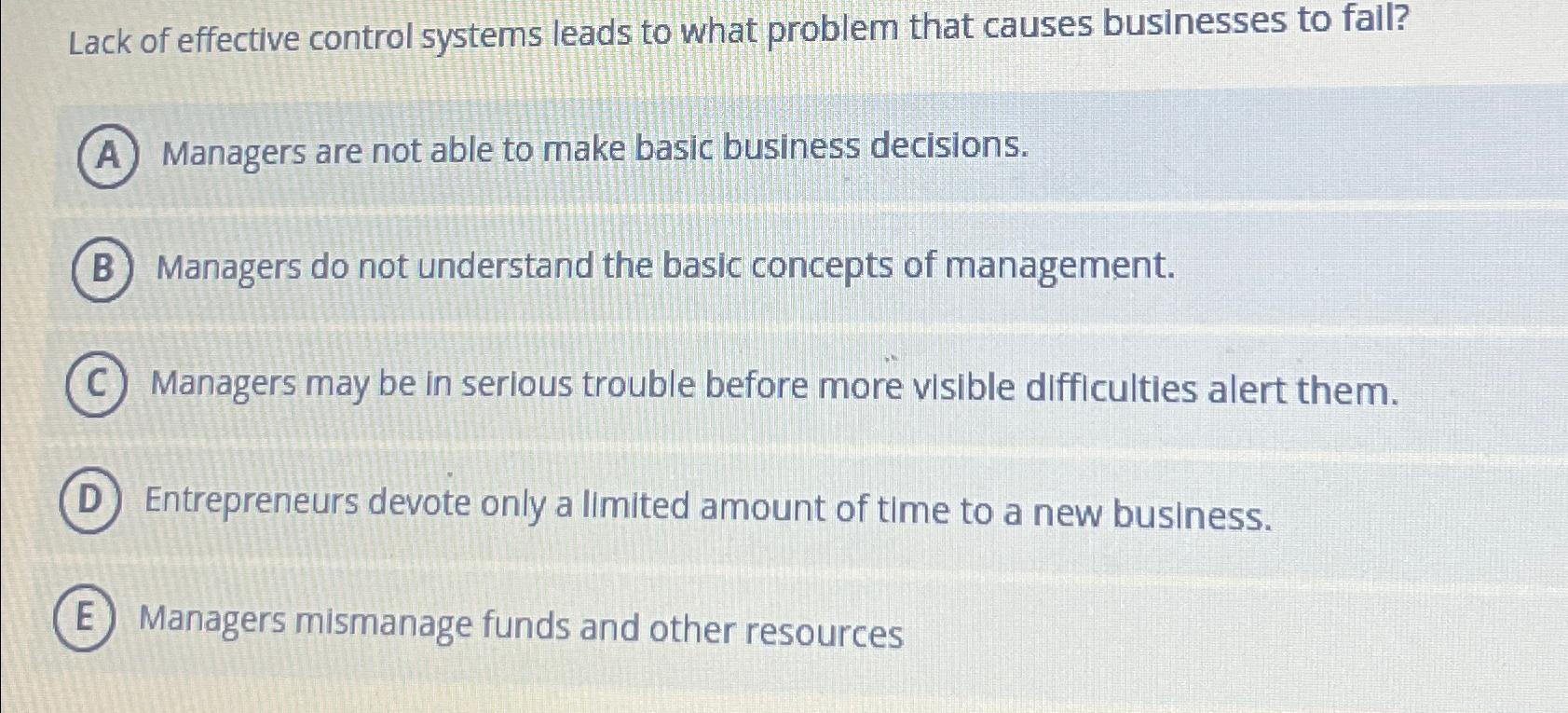 Solved Lack of effective control systems leads to what | Chegg.com