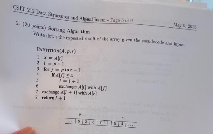 Solved (20 points) Sorting Algorithm May 9, 2023 Write down | Chegg.com