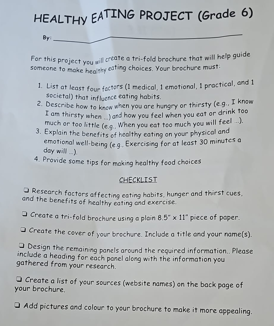 Solved HEALTHY EATING PROJECT (Grade 6)By: q,For this | Chegg.com
