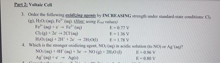 Solved 3. Order the following oxidizing agents by INCREASING | Chegg.com