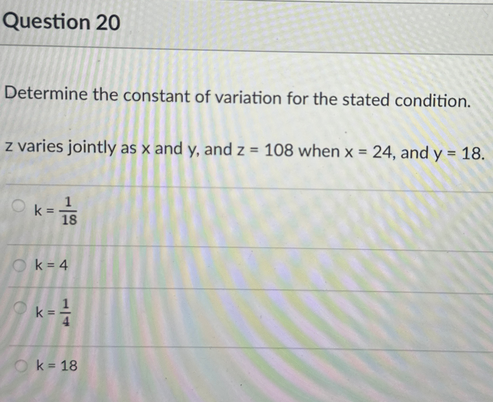 Solved Question 20Determine the constant of variation for | Chegg.com