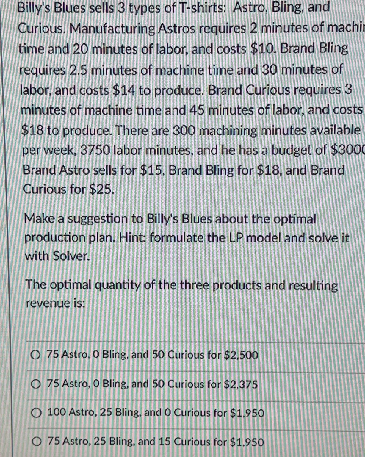 Solved Billy's Blues sells 3 ﻿types of T-shirts: Astro, | Chegg.com