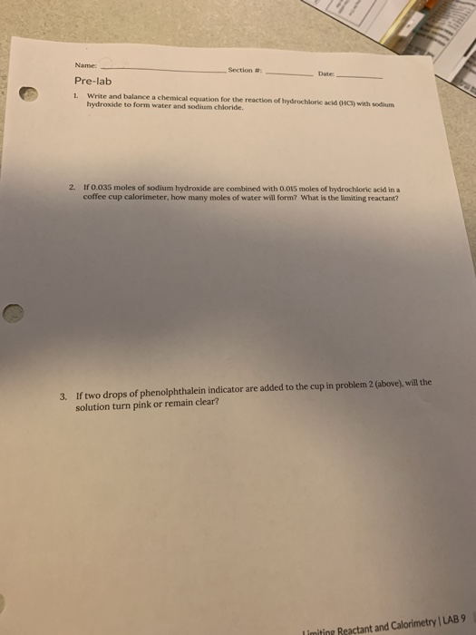 Solved Name: Section #: Date Pre-lab 1. Write and balance a | Chegg.com