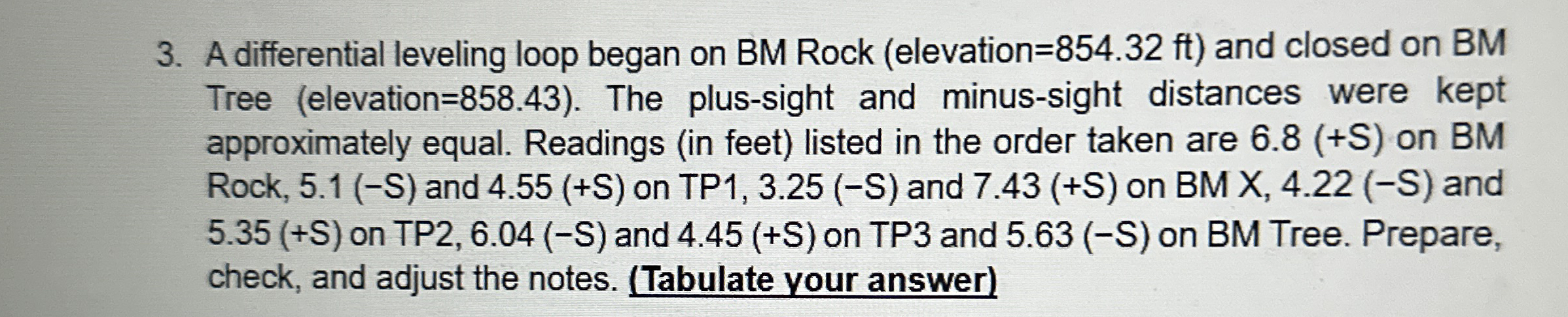 Solved A differential leveling loop began on BM Rock | Chegg.com