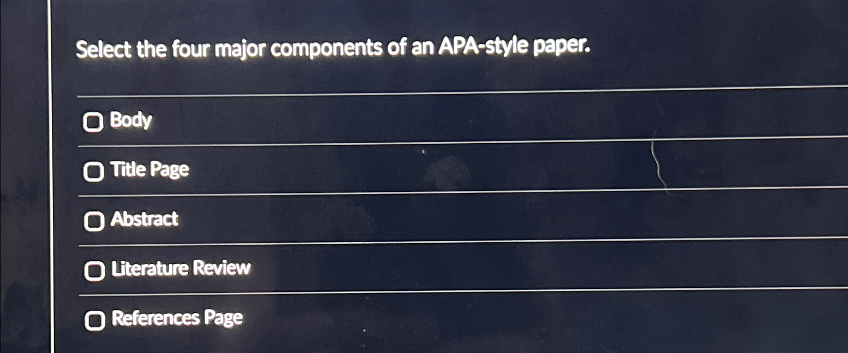 Solved Select the four major components of an APA-style | Chegg.com
