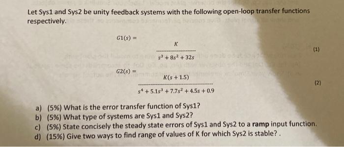 Solved Let Sys1 and Sys2 be unity feedback systems with the | Chegg.com