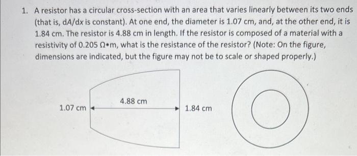 Solved 1. A resistor has a circular cross-section with an | Chegg.com