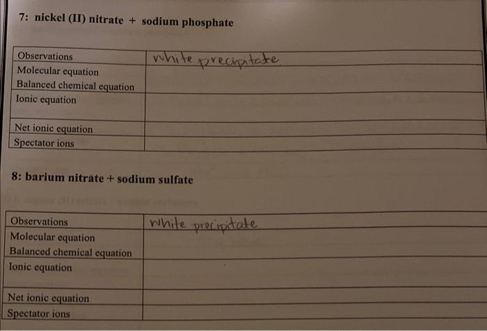 Solved 7: nickel (II) nitrate + sodium phosphate 8: barium | Chegg.com