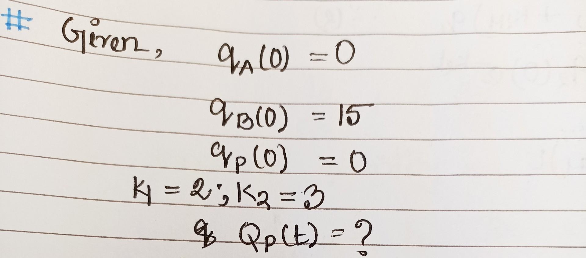 Solved Given, qA(0)=0 qB(0)=15qp(0)=0k1=2;k2=3qBQp(t)=? | Chegg.com