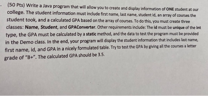 Solved (50 Pts) Write a Java program that will allow you to | Chegg.com