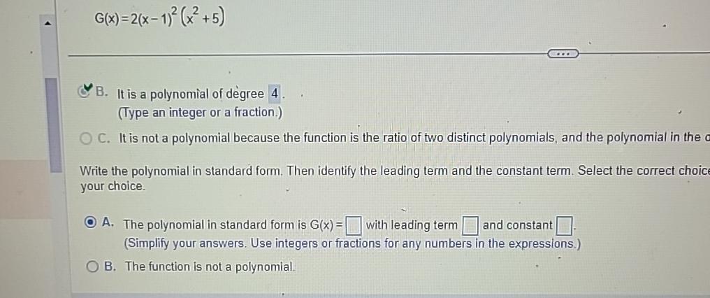 Solved G(x)=2(x-1)2(x2+5)B. ﻿It is a polynomial of degree | Chegg.com