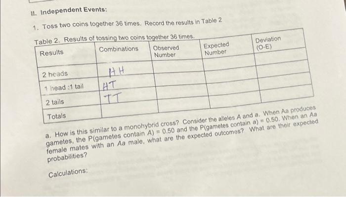 Solved II. Independent Events: 1. Toss two coins together 36 | Chegg.com