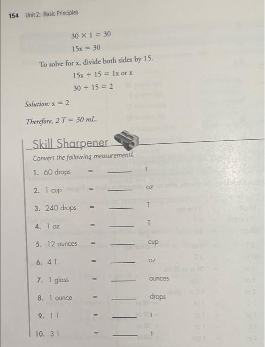 Solved 154 Unit 2: Basic Principles 30×1=3015x=30 To solve | Chegg.com