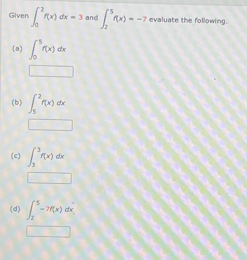 Solved Given ∫02f(x)dx=3 ﻿and ∫25f(x)=-7 ﻿evaluate the | Chegg.com