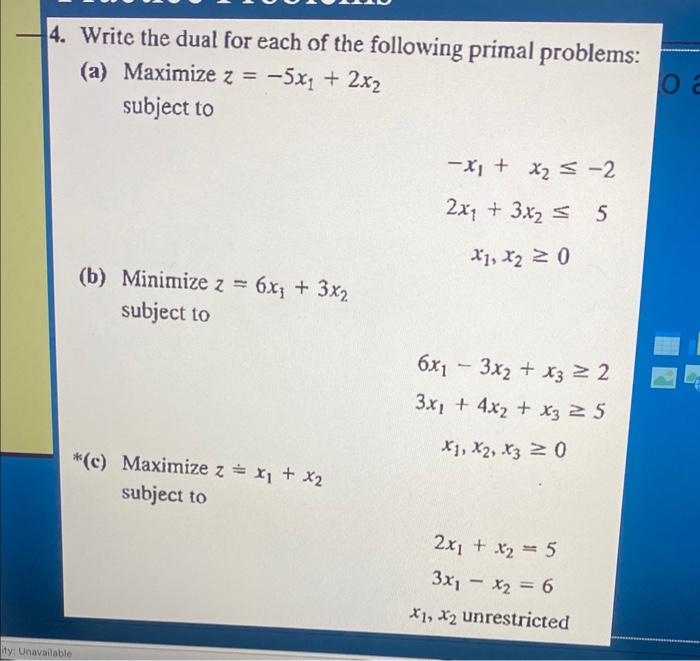 Solved Write the dual for each of the following primal | Chegg.com