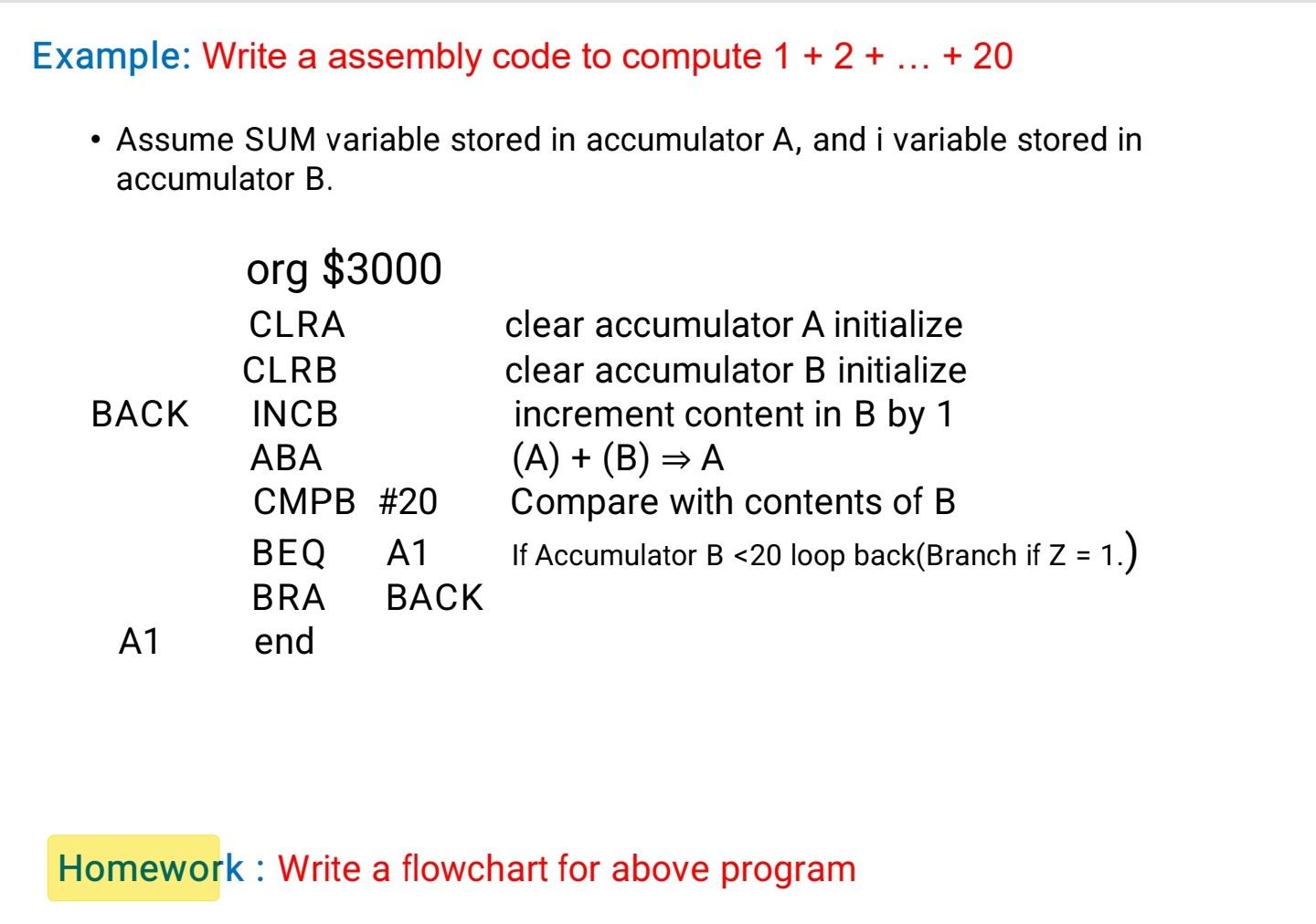 Solved Example: Write a assembly code to compute 1+2+…+20 - | Chegg.com