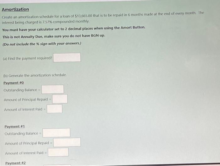 Solved Amortization Create an amortization schedule for a | Chegg.com