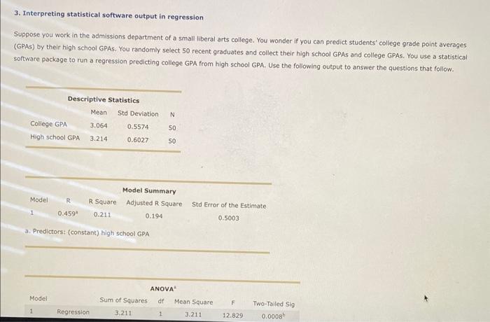 Solved 3. Interpreting statistical software output in | Chegg.com