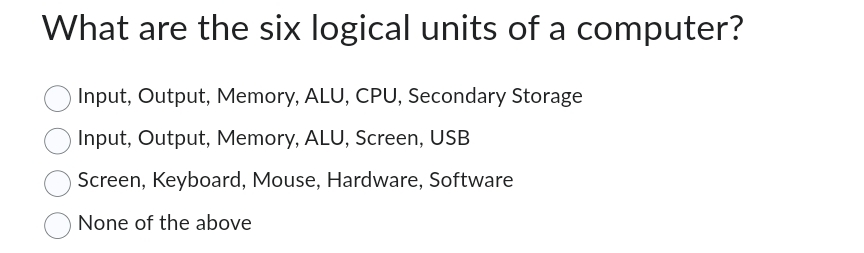 Solved What are the six logical units of a computer?Input, | Chegg.com