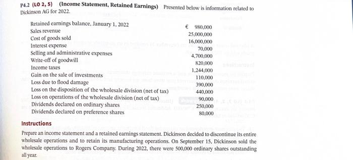 Solved P4.2 (LO 2, 5) (Income Statement, Retained Earnings) | Chegg.com