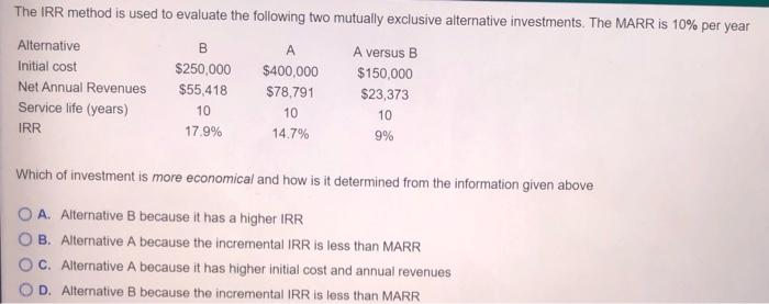 Solved The IRR method is used to evaluate the following two | Chegg.com