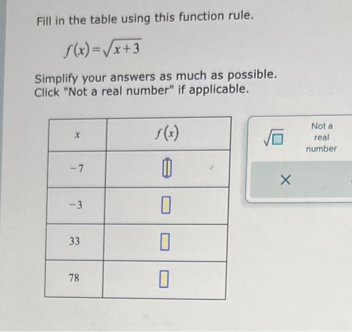 Solved Fill in the table using this function rule. f(x)=x+3 | Chegg.com