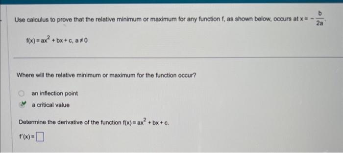 Solved Use calculus to prove that the relative minimum or | Chegg.com