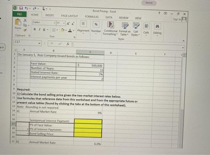 Solved Saved BB FILE Bond Pricing - Excel FORMULAS DATA HOME | Chegg.com