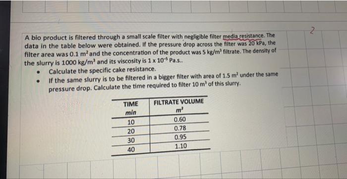 Solved A bio product is filtered through a small scale | Chegg.com