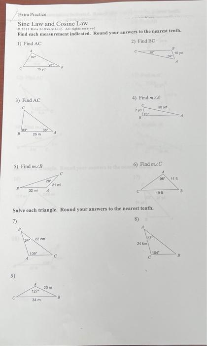 Solved Extra Practice Sine Law and Cosine Law GA Find each | Chegg.com