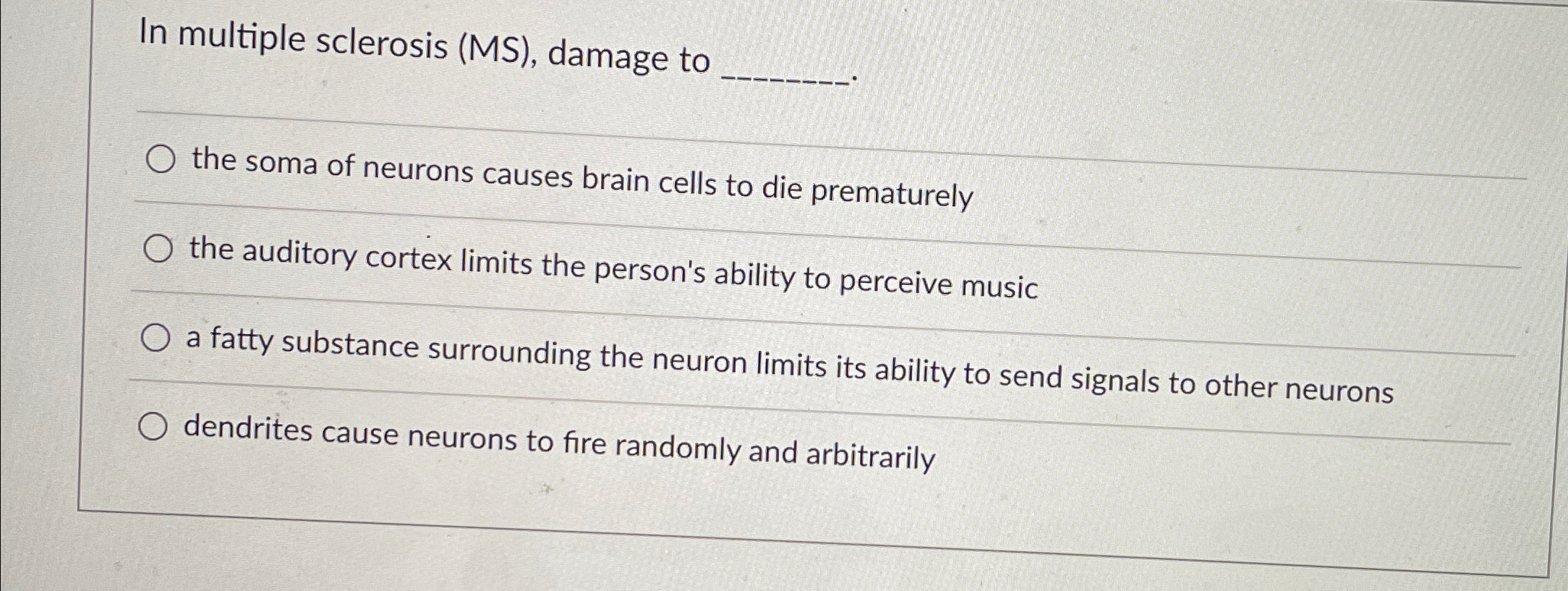 Solved In multiple sclerosis (MS), ﻿damage to q,the soma of | Chegg.com