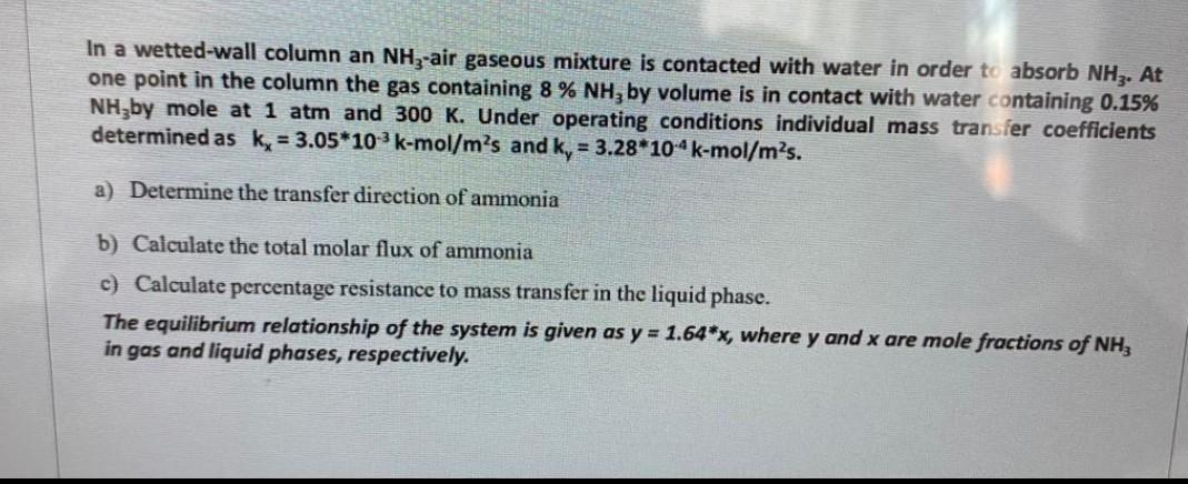 In a wetted-wall column an NH3-air gaseous mixture is | Chegg.com