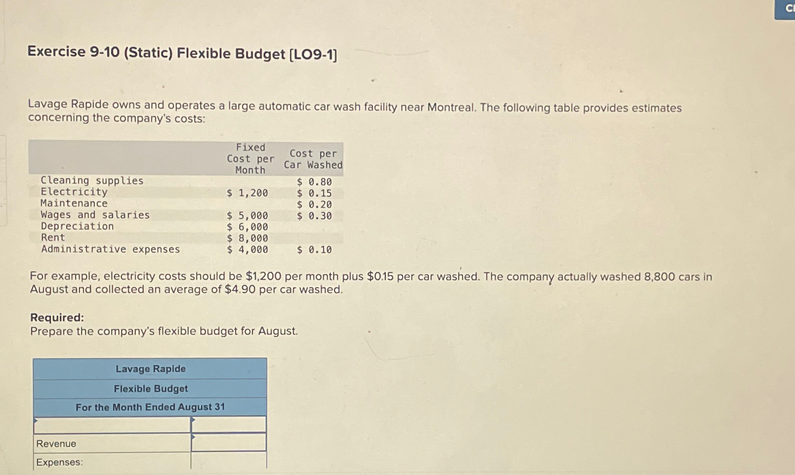 Solved Exercise 9-10 (Static) ﻿Flexible Budget [L09-1]Lavage | Chegg.com