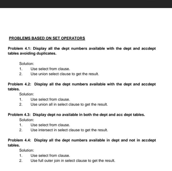 Solved Problem 4.1: Display all the dept numbers available | Chegg.com