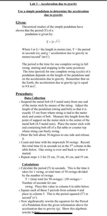 Solved Lab 3 - Acceleration due to gravity Use a simple | Chegg.com