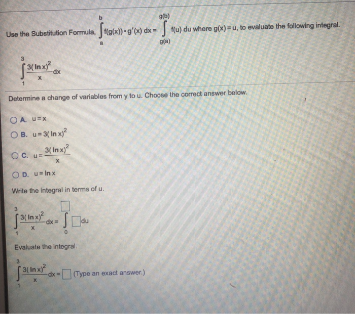 Solved b g(b) Use the Substitution Formula, ſfg(x)) = gʻ(x) | Chegg.com