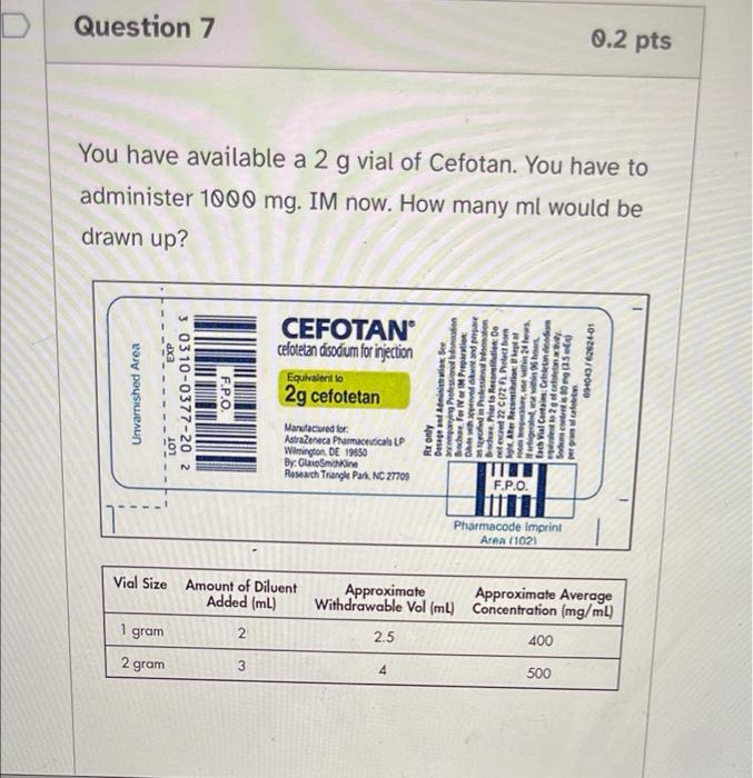 Solved D Question 7 0.2 pts You have available a 2 g vial of | Chegg.com