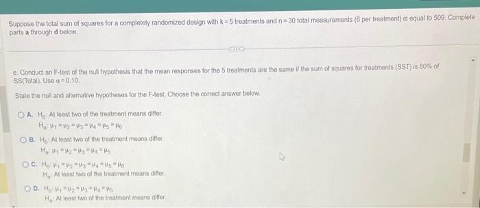 Solved Suppose the total sum of squares for a complotely | Chegg.com