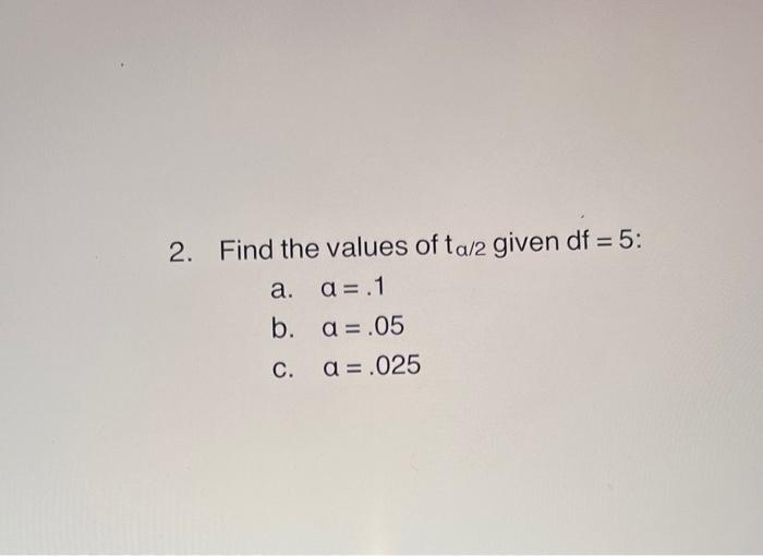 Solved 2. Find the values of ta/2 given df=5 : a. a=.1 b. | Chegg.com