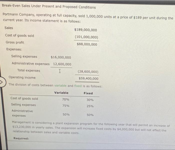 Solved Break-Even Sales Under Present and Proposed | Chegg.com