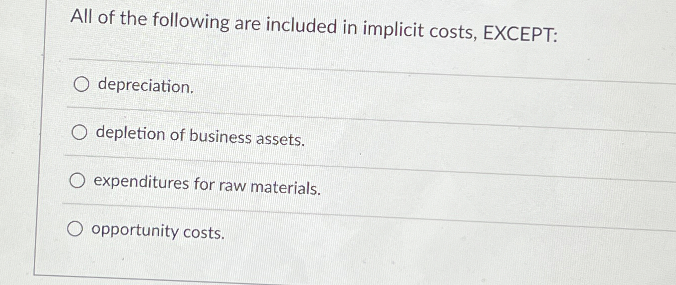 Solved All of the following are included in implicit costs, | Chegg.com