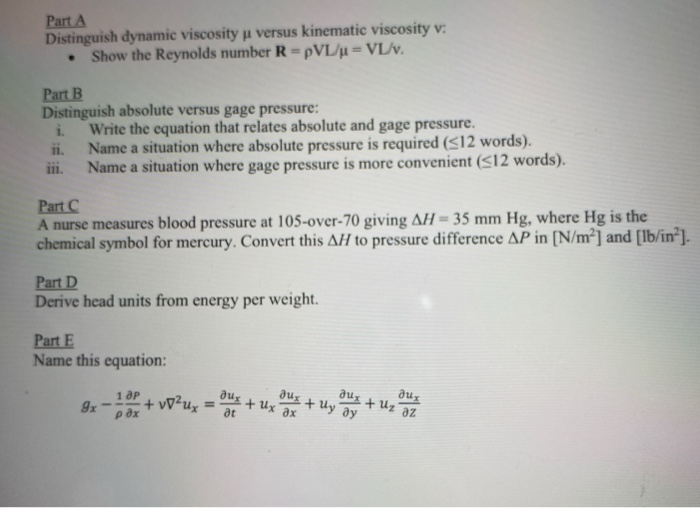 Solved Part A Distinguish dynamic viscosity p versus | Chegg.com