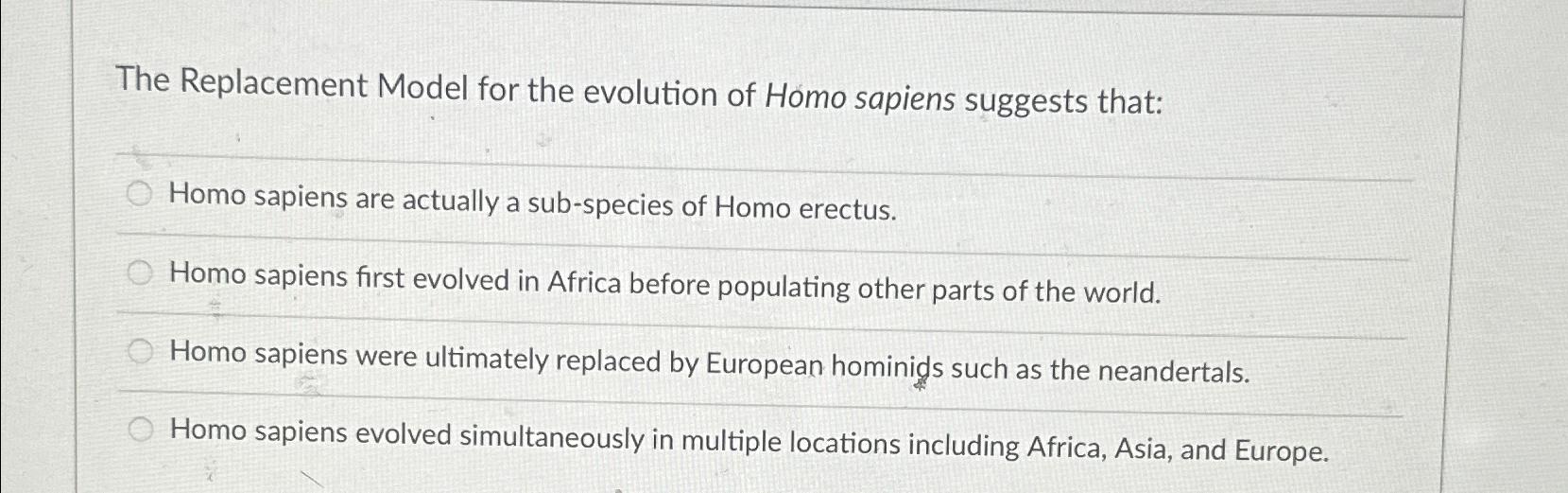 Solved The Replacement Model for the evolution of Homo | Chegg.com