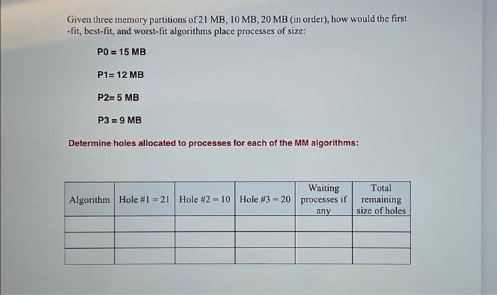 Solved Given three memory partitions of 21 MB, 10 MB, 20 MB | Chegg.com
